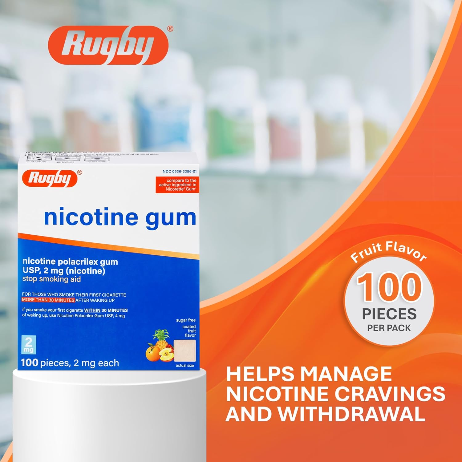 Rugby 00536338601 Nicotine Gum 2mg Sugar Free Coated Fruit (24 Boxes o ...