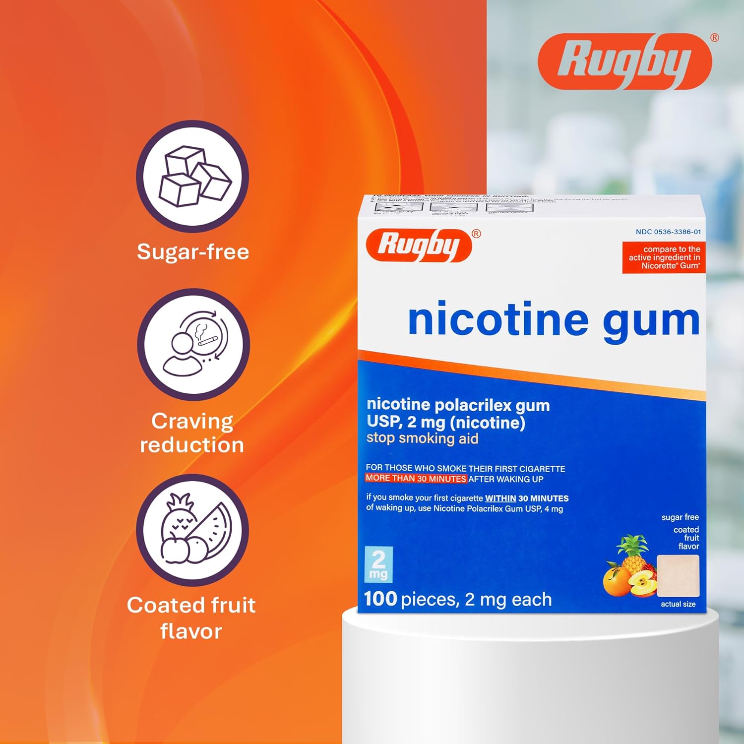Rugby 00536338601 Nicotine Gum 2mg Sugar Free Coated Fruit (24 Boxes o ...